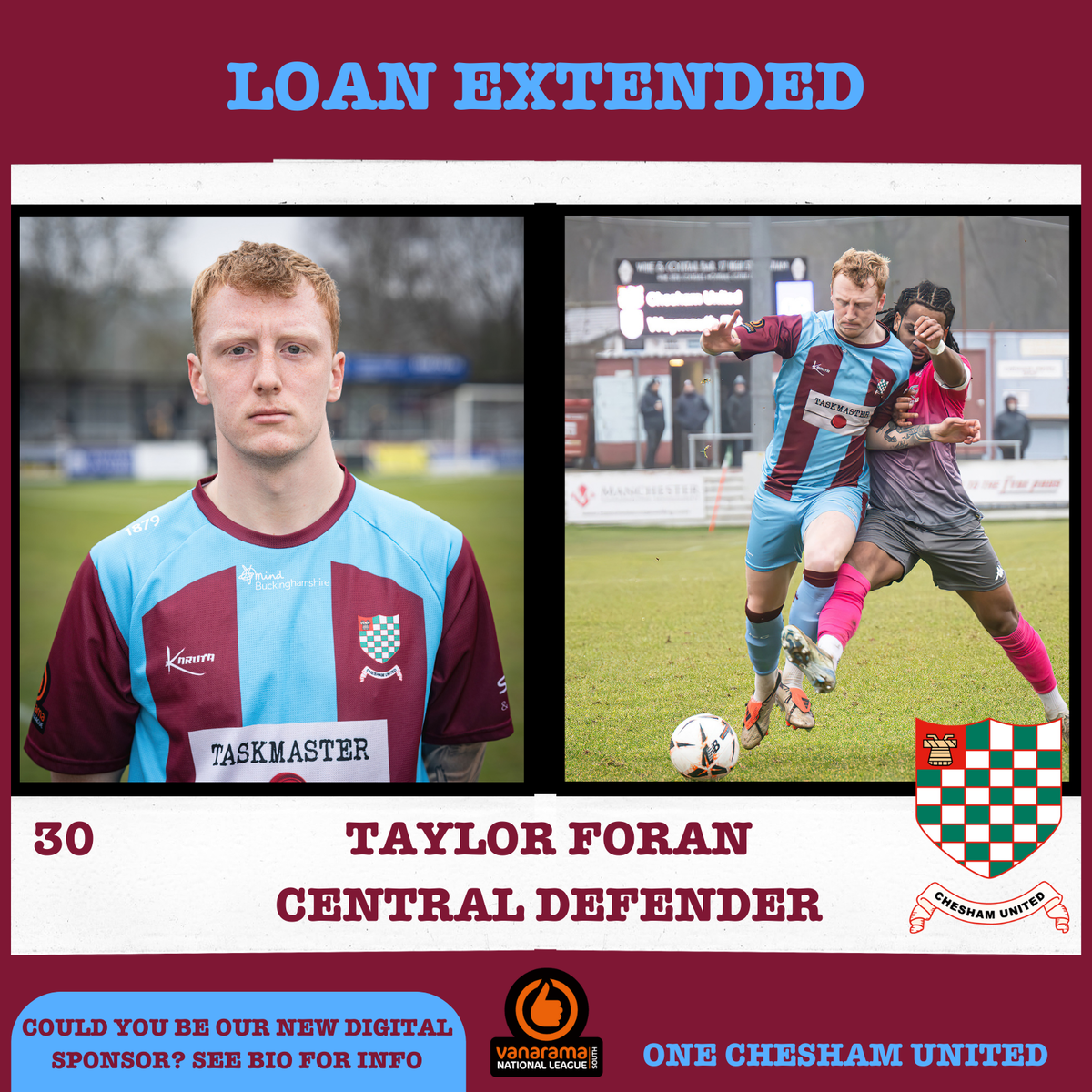 Taylor Foran loan extended – Chesham United