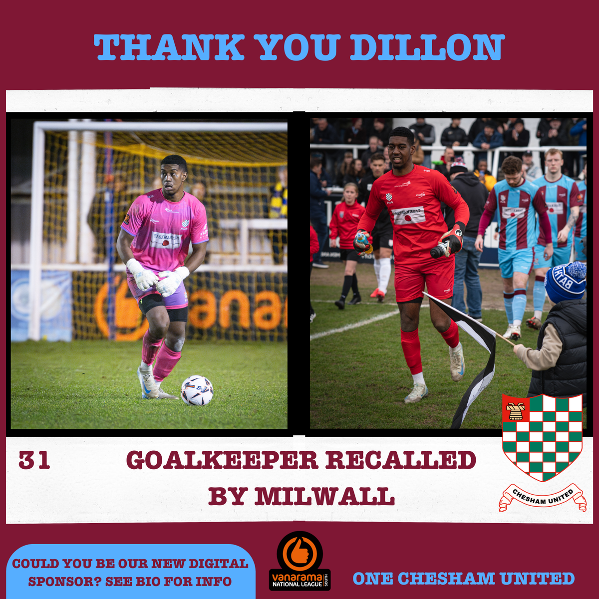 Dillon Addai recalled by Millwall – Chesham United