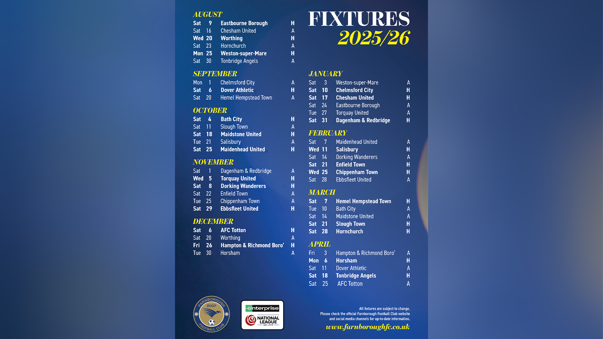 2025/26 Fixtures Poster – Farnborough FC