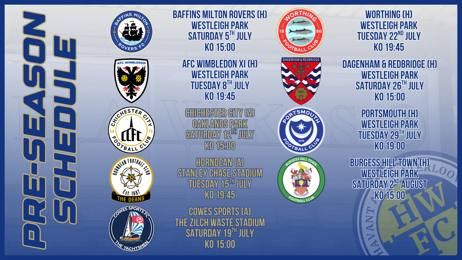 2025/26 Pre-Season Schedule – Havant & Waterlooville FC