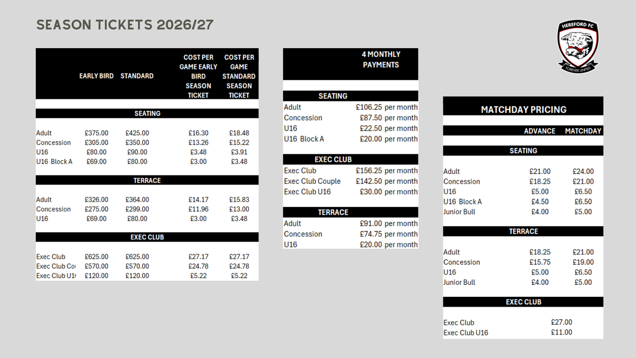 NEWS | Season Ticket and Matchday Admission Prices – Hereford FC