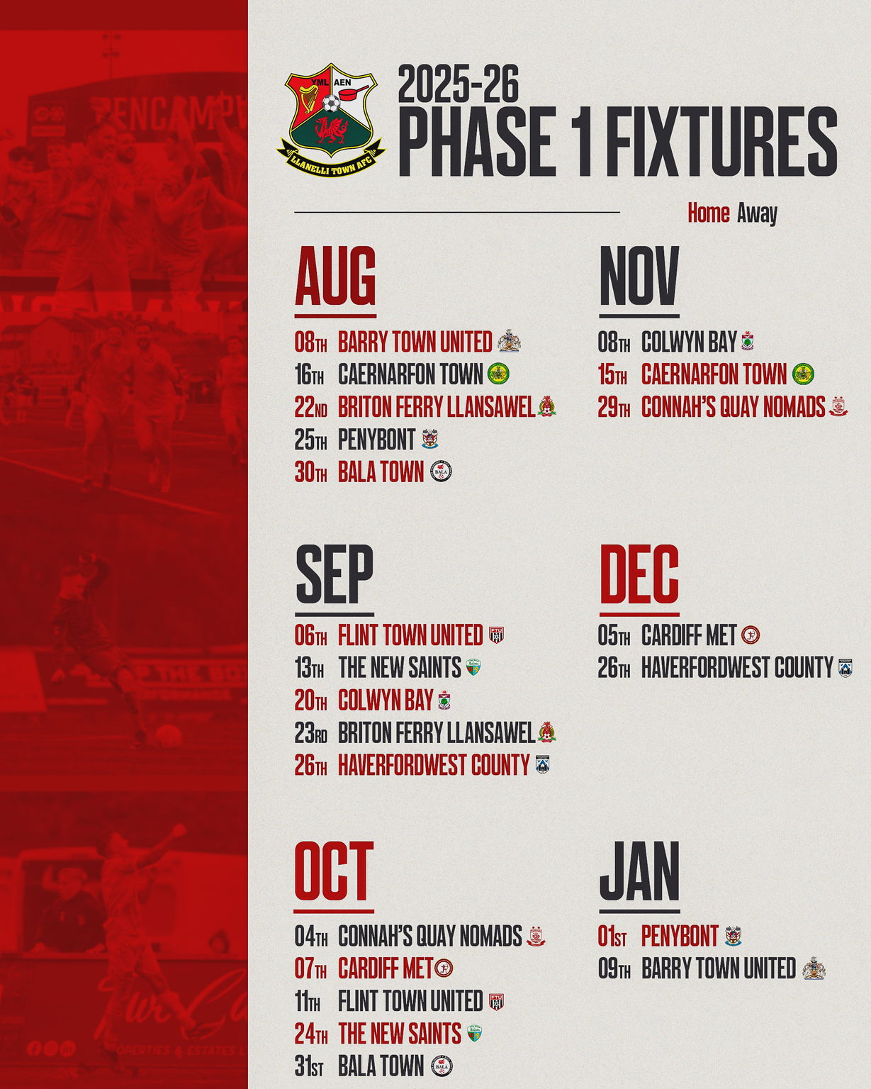 Llanelli Town 25/26 JD Cymru Premier Phase One Fixtures Announced ...