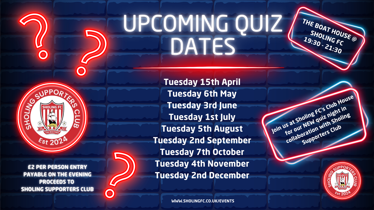 Tuesday 15th April – Monthly Quiz Night – Sholing FC