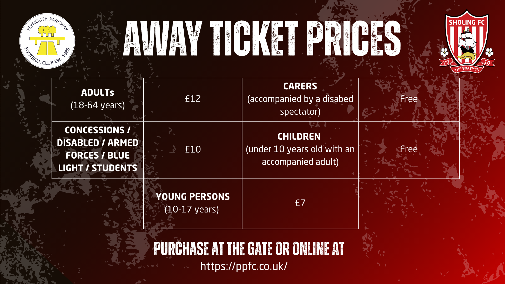 Ticket Prices for Plymouth Parkway this weekend! – Sholing FC